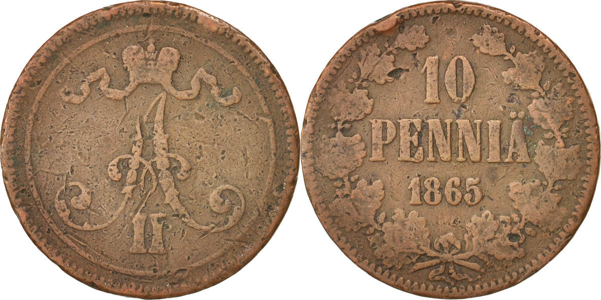 Finland 10 Pennia 1865 Coin, Alexander II, Copper, KM:5.1 VF(20-25 ...