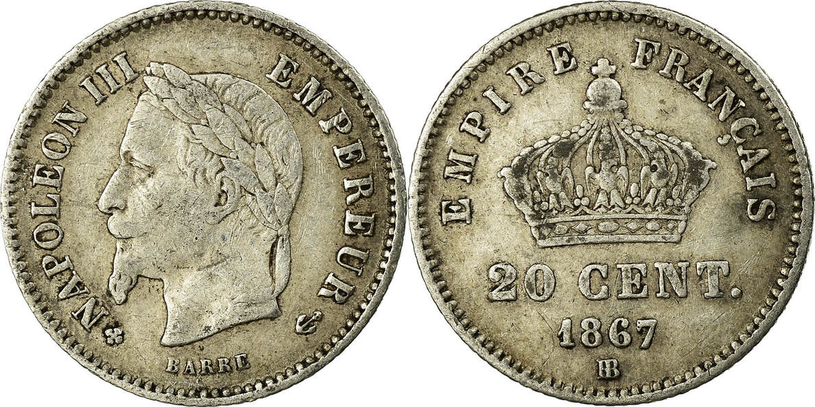 France 20 Centimes 1867 BB Coin, Napoleon III, Napoléon III, Strasbourg EF(40-45) | MA-Shops
