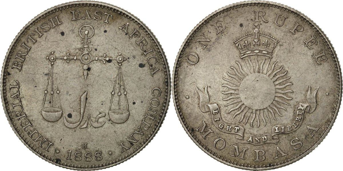 MOMBASA Rupee 1888 H Coin, Birmingham, Silver, KM:5 EF(40-45) | MA-Shops