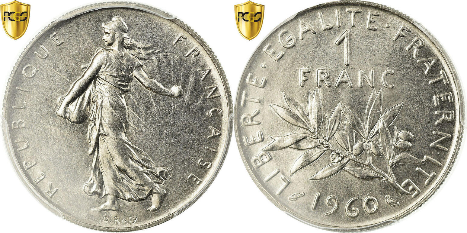 France Franc 1960 Paris Coin, Semeuse, Paris, PCGS, MS65, Nickel, KM:925.1, graded MS(65-70 ...