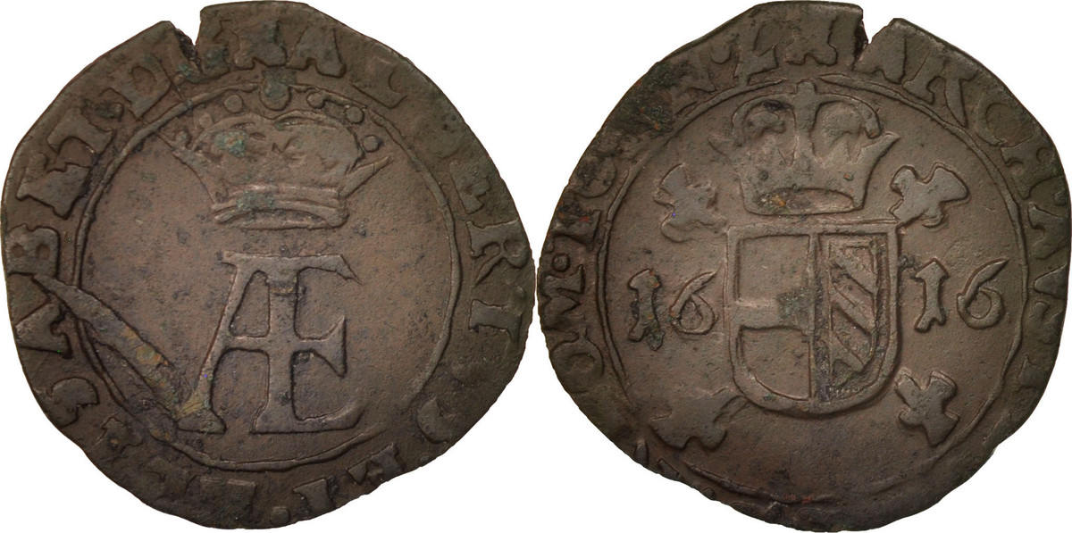 Belgium Double Denier 1616 Tournai Coin, Tournai, Copper EF(40-45) | MA ...