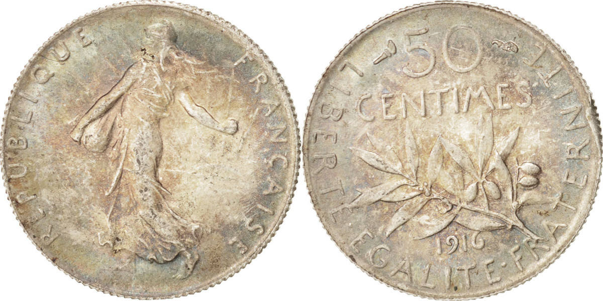 France 50 Centimes 1916 Paris Coin, Semeuse, Paris, Silver, KM:854 MS(63) | MA-Shops