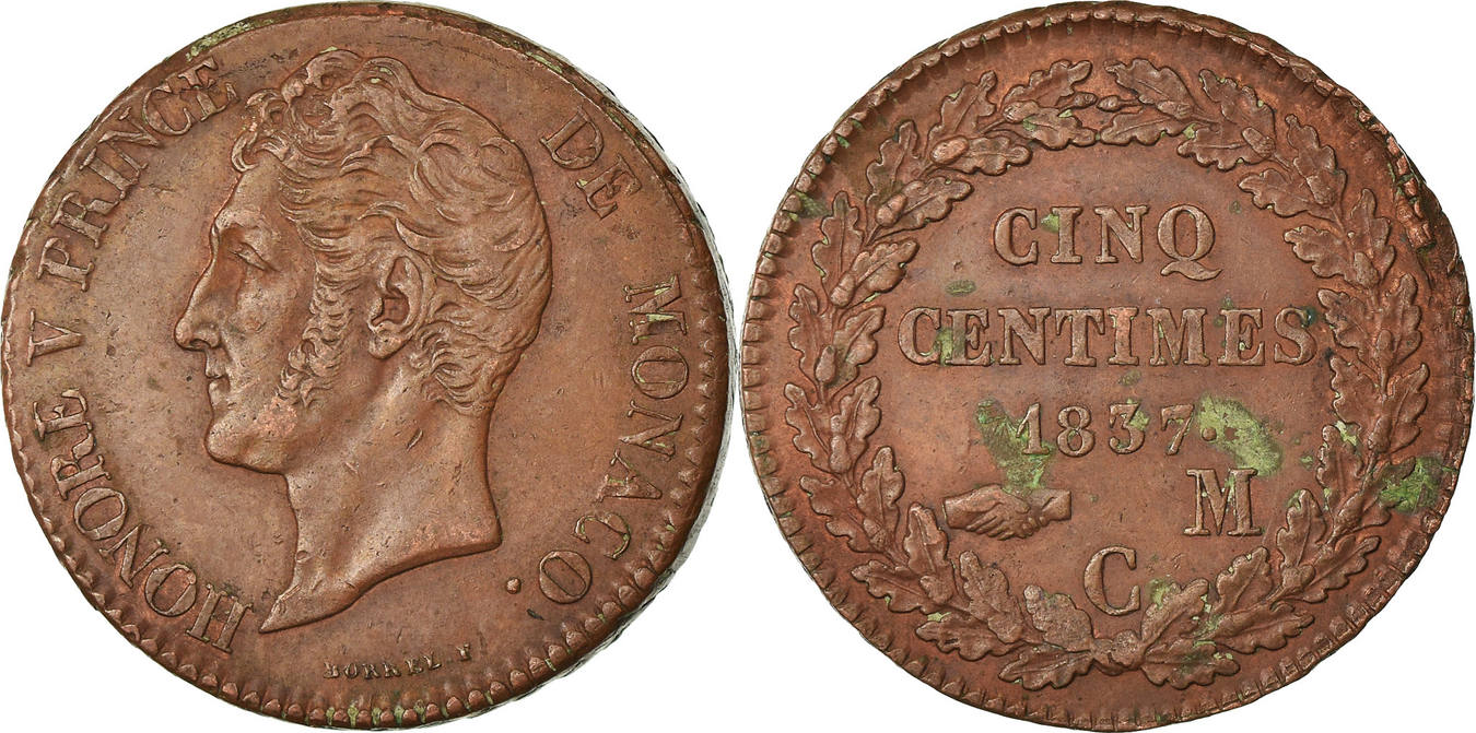 Monaco 5 Centimes, Cinq 1837 M Coin, Honore V, Copper EF(40-45) | MA-Shops