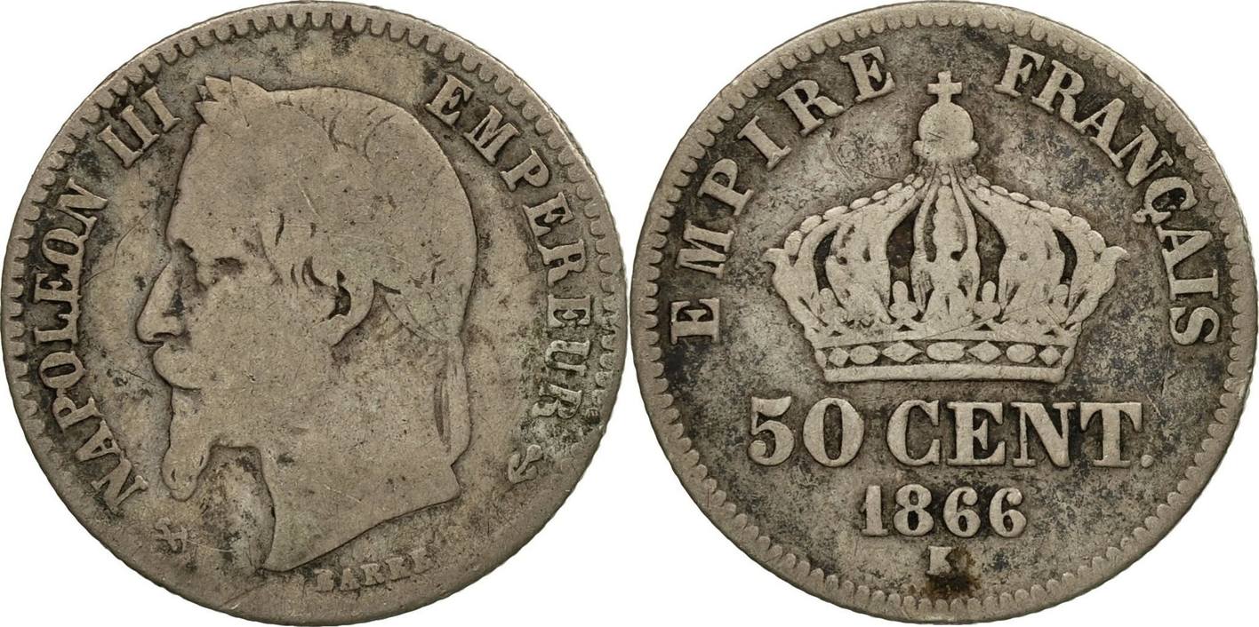 France 50 Centimes 1866 K Coin, Napoleon III, Bordeaux, Silver VF(20-25 ...
