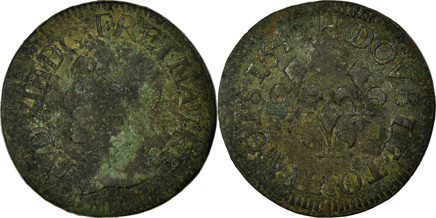 France Double Tournois 1642 H Coin, Louis XIII, La Rochelle, Copper VF ...