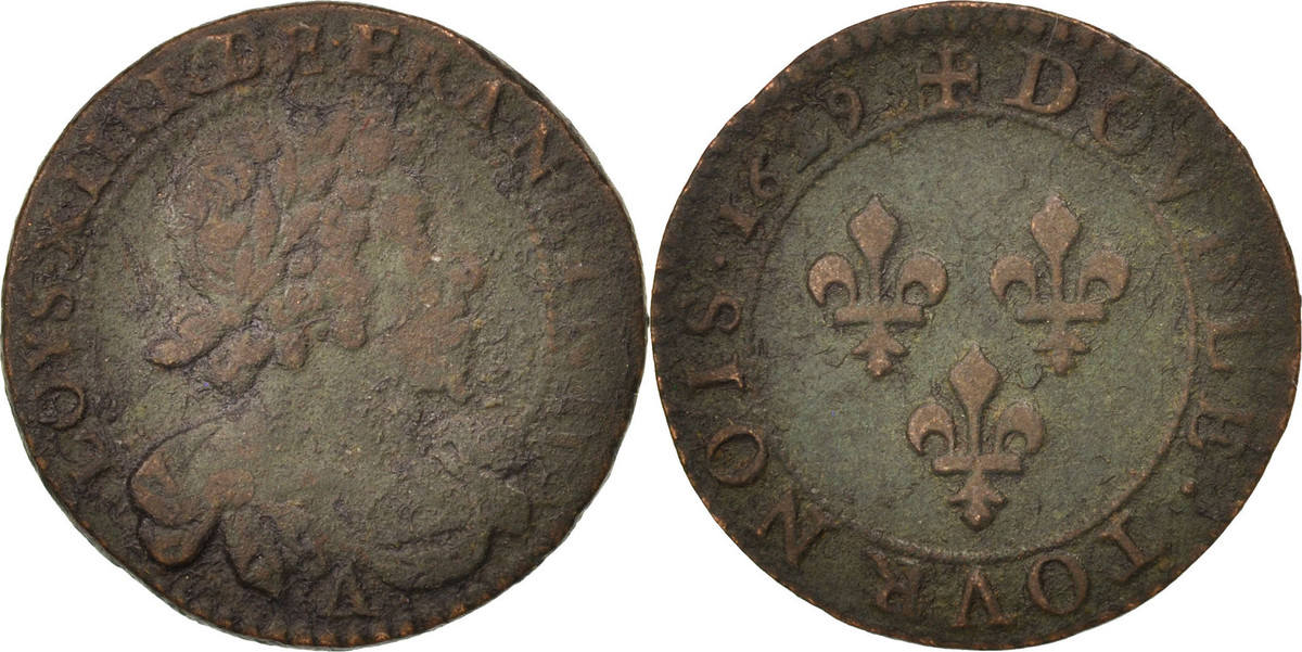 France 1629 A Coin, Louis XIII, Double tournois, buste laurée et drapé ...