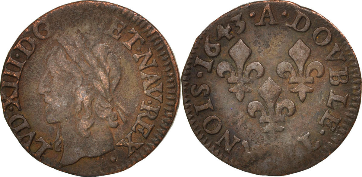France 1643 A Coin, Louis XIII, Double tournois de Warin, tête à gauche ...