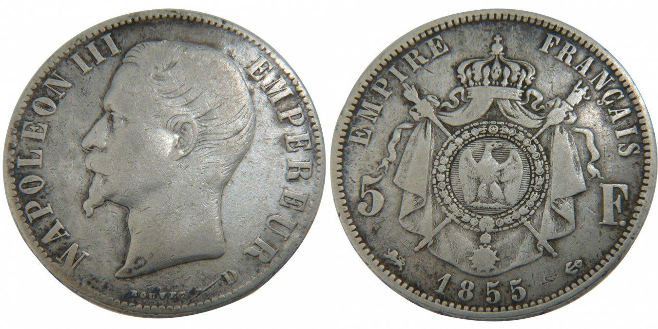France 5 Francs 1855 D Coin, Napoleon III, Napoléon III, Lyon VF(30-35 ...