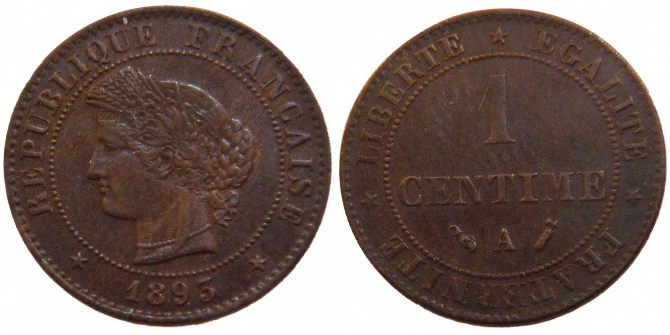 France Centime 1893 A Coin, Cérès, Paris, Bronze, KM:826.1 AU(55-58 ...