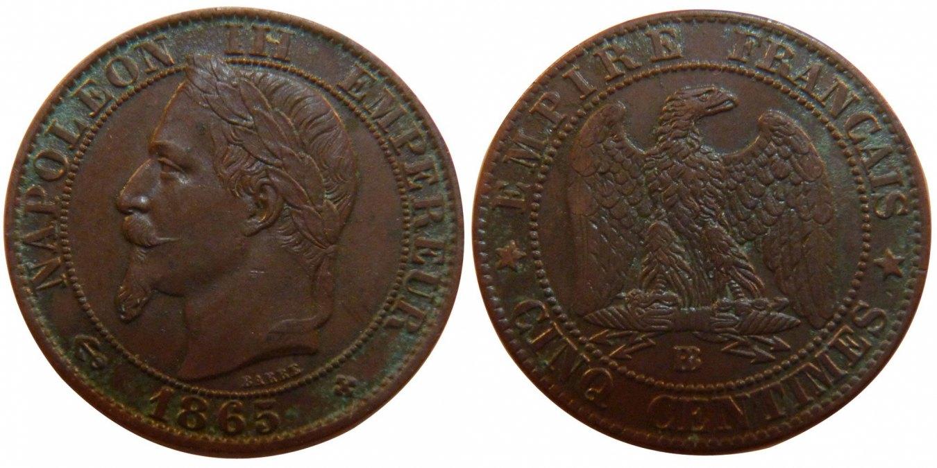 France 5 Centimes 1865 BB Coin, Napoleon III, Napoléon III, Strasbourg ...