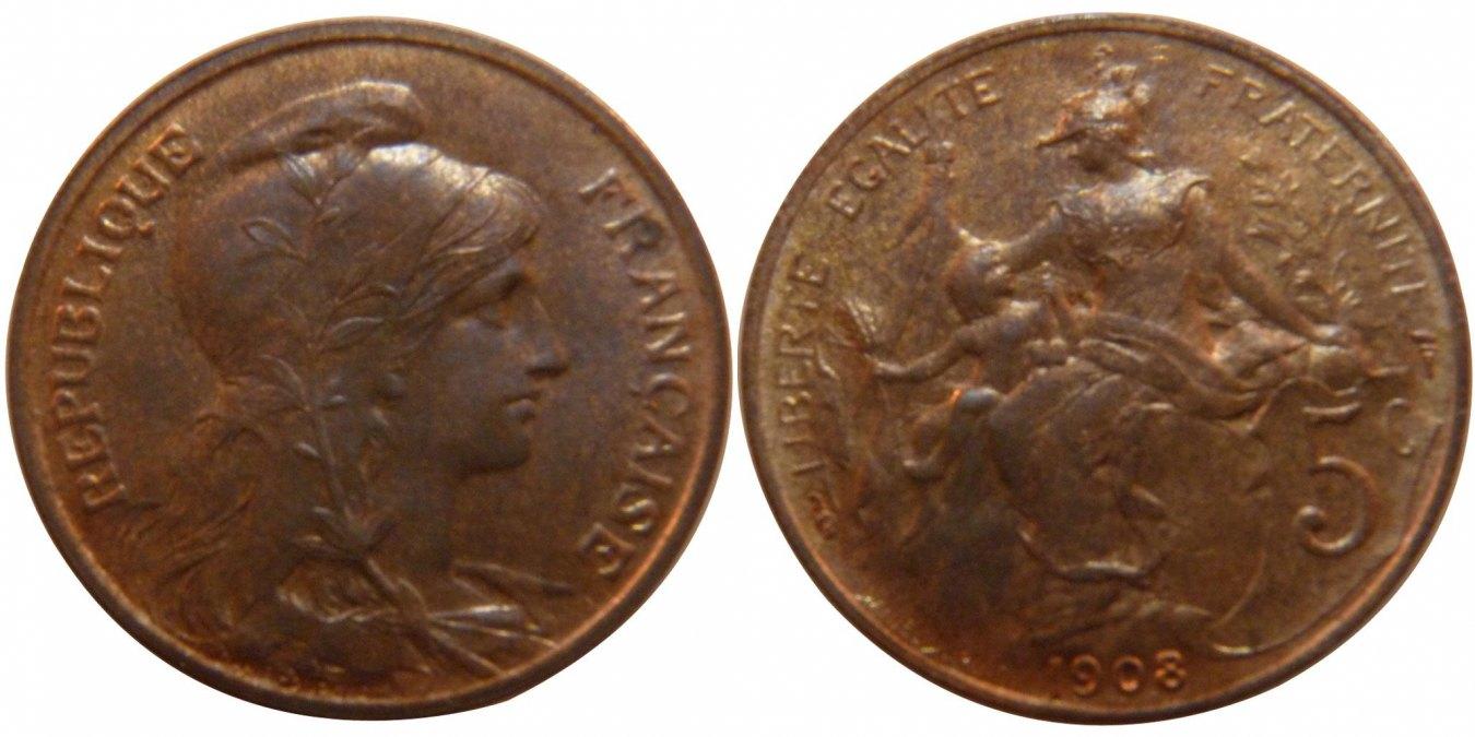 France 5 Centimes 1908 Paris Coin, Dupuis, Paris, Bronze, KM:842 AU(55 ...