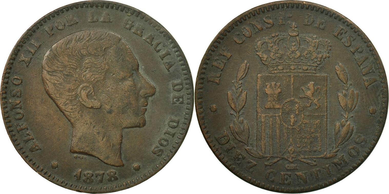 Spain 10 Centimos 1878 Madrid Coin, Alfonso XII, Madrid, Bronze, KM:675 ...