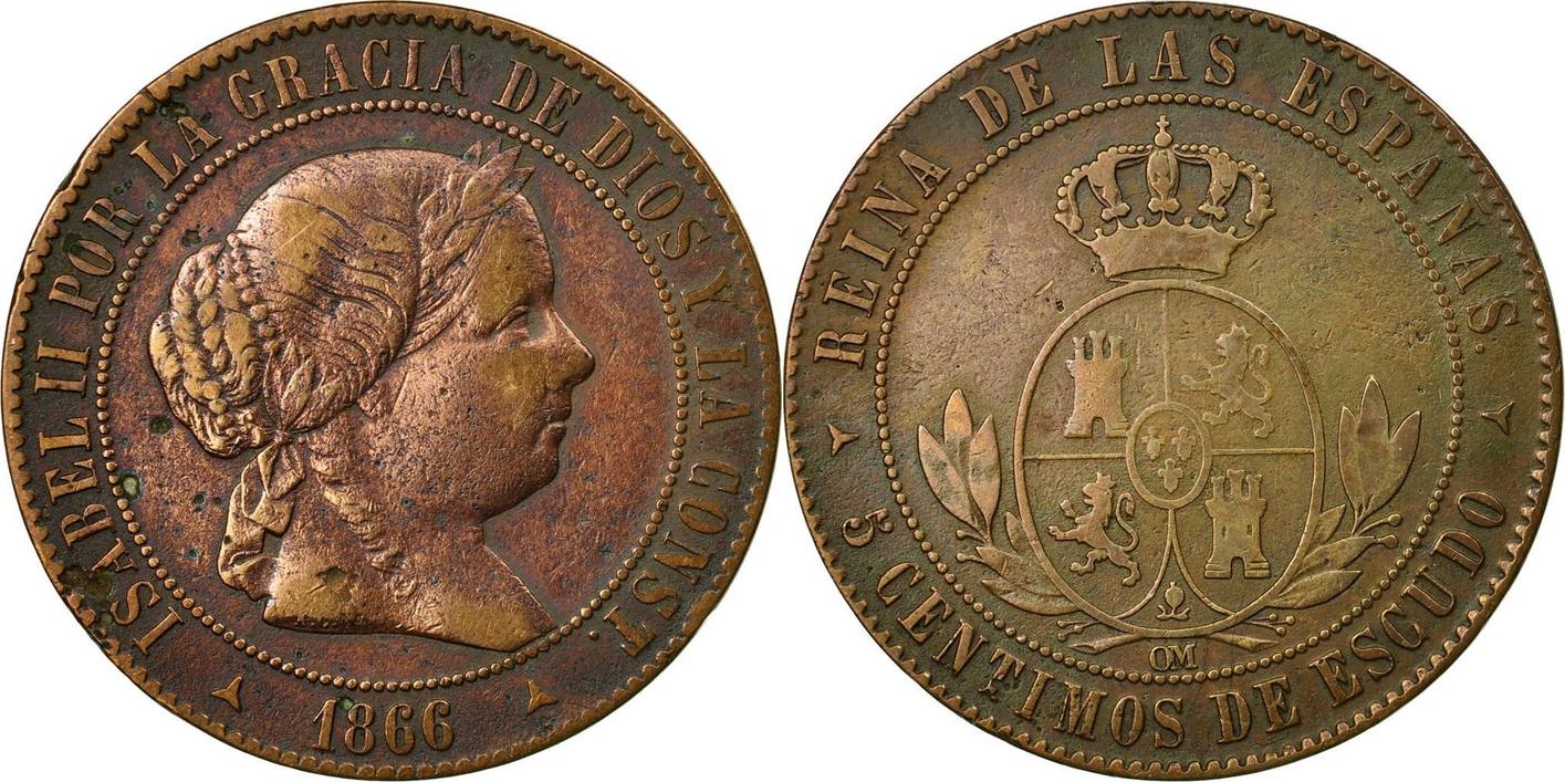 Spain 5 Centimos 1866 Madrid Coin, Isabel II, Madrid, Copper, KM:635.4 ...