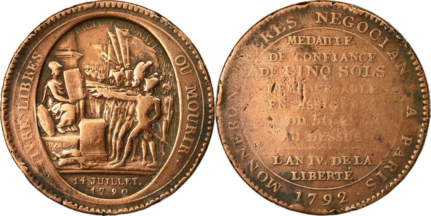 France 5 Sols 1792 Birmingham Coin, Birmingham, Bronze, KM:Tn31 VF(20 ...