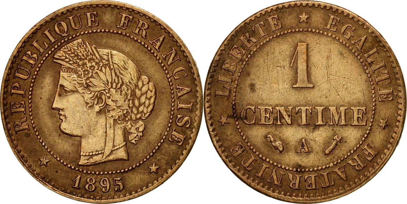 France Centime 1895 A Coin, Cérès, Paris, Bronze, KM:826.1 AU(55-58 ...