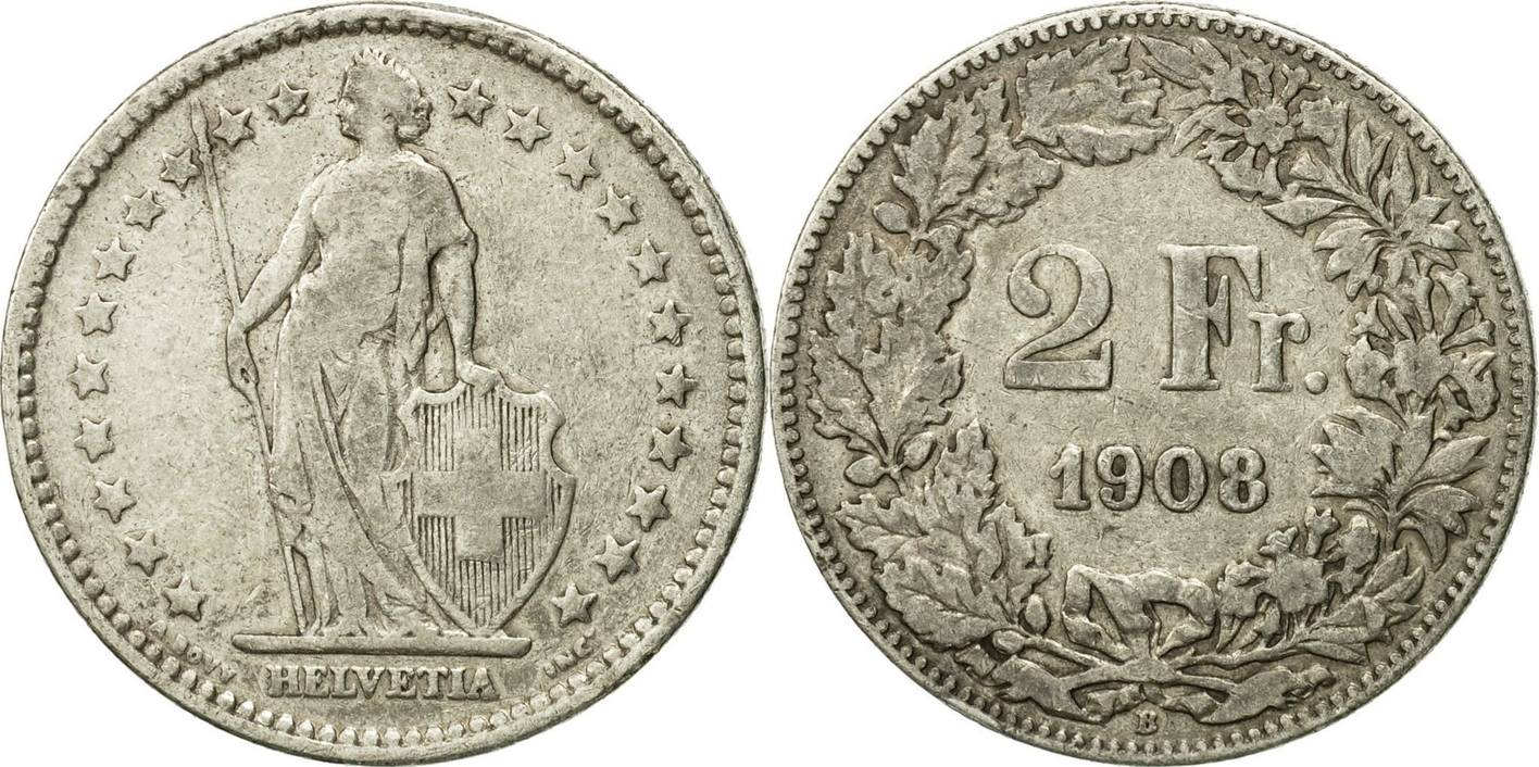 Switzerland 2 Francs 1908 B Coin, Bern, Silver, KM:21 EF(40-45) | MA-Shops
