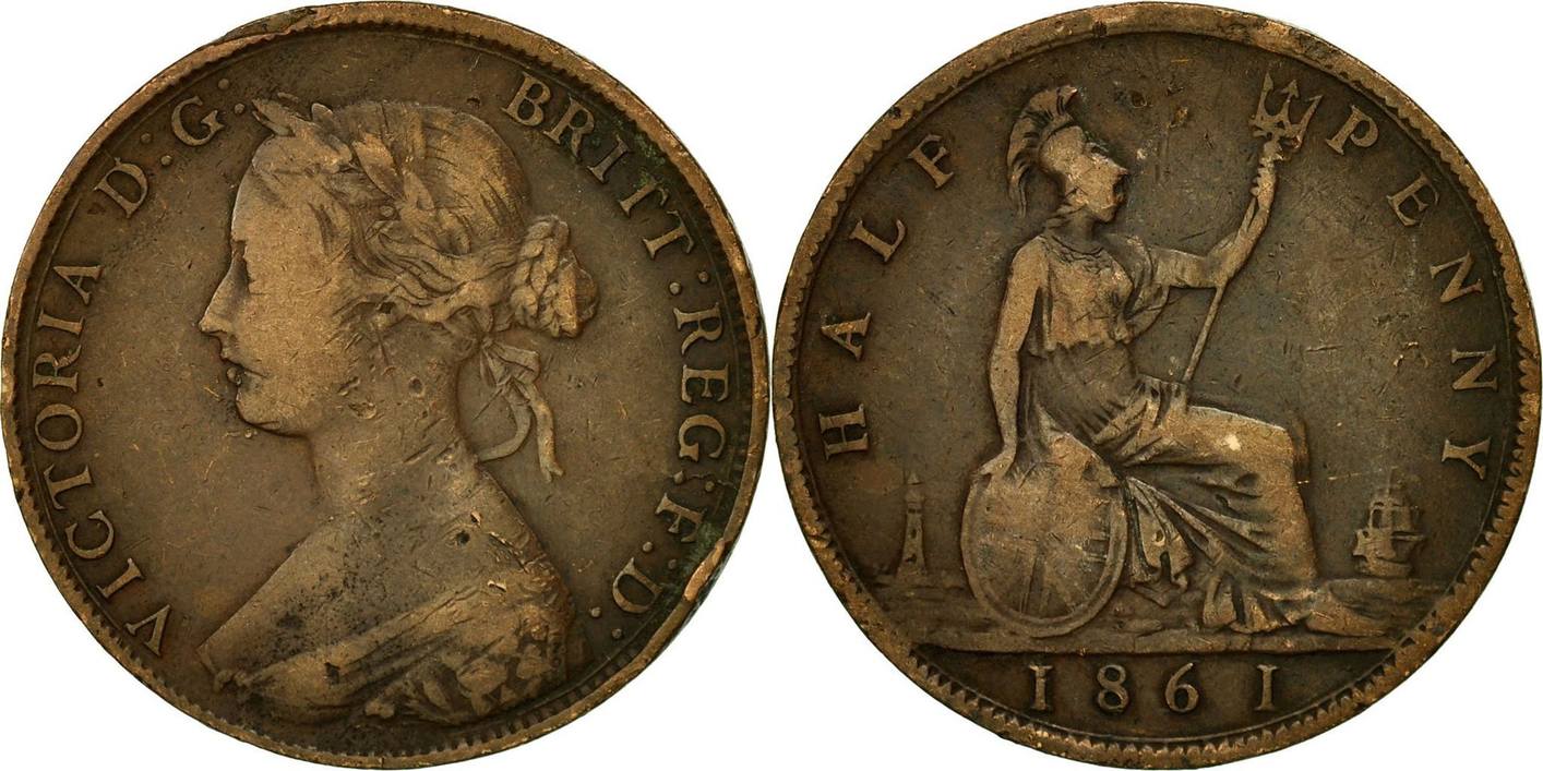 Great Britain 1/2 Penny 1861 Coin, Victoria, Bronze, KM:748.2 EF(40-45 ...