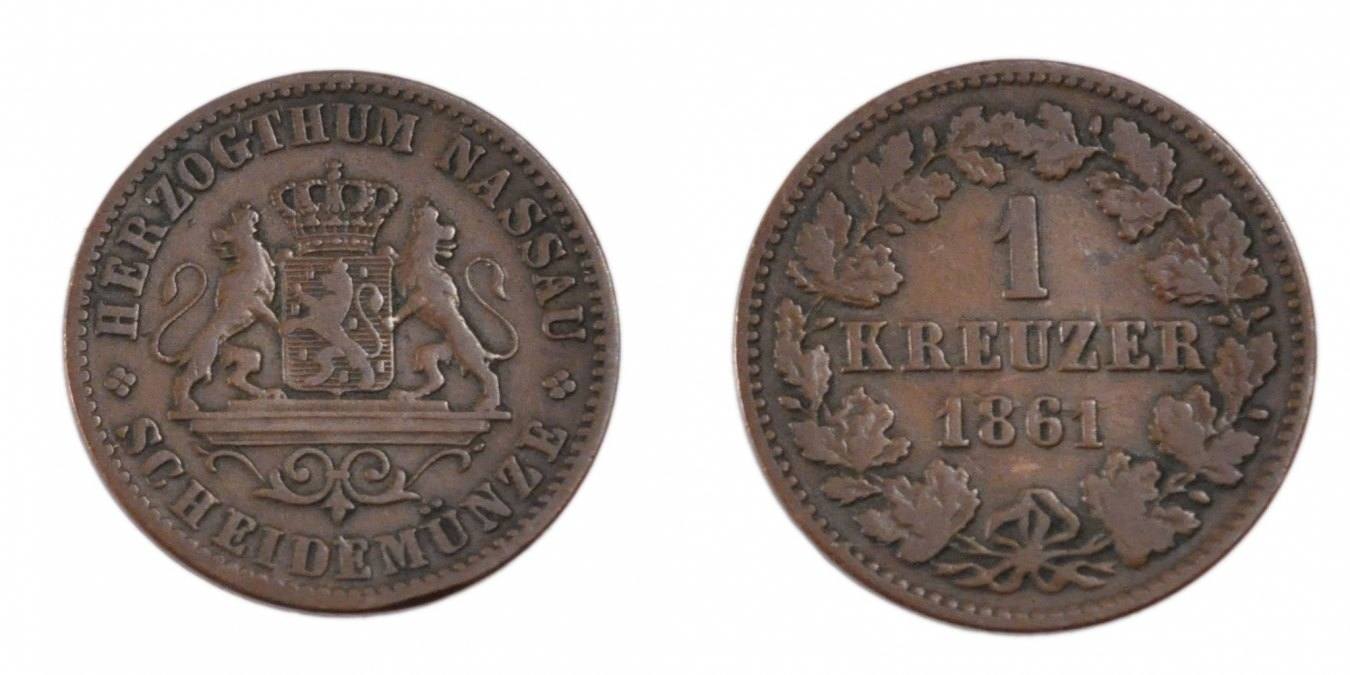 German States Kreuzer 1861 Wiesbaden Coin, NASSAU, Adolph, Wiesbaden ...
