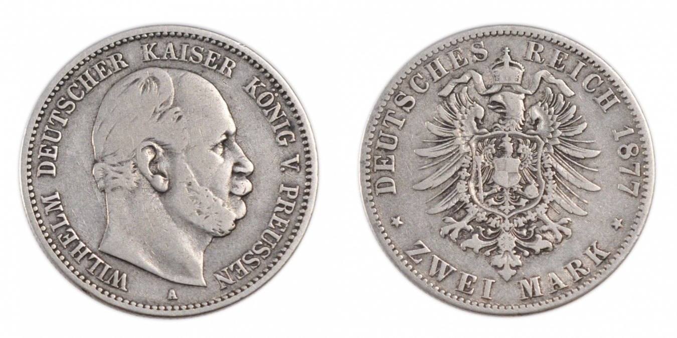 German States 2 Mark 1877 A Coin, PRUSSIA, Wilhelm I, Berlin VF(30-35 ...