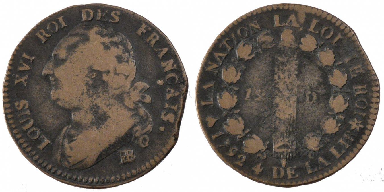 France 1792 BB Coin, 12 deniers français, Strasbourg VF(20-25) | MA-Shops