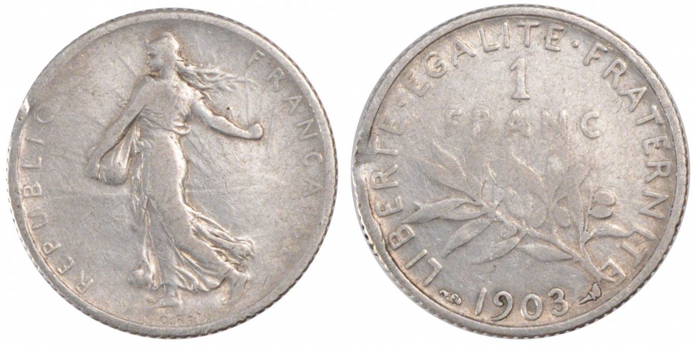 France Franc 1903 Paris Coin, Semeuse, Paris, Silver, Gadoury:467 VF(30-35) | MA-Shops