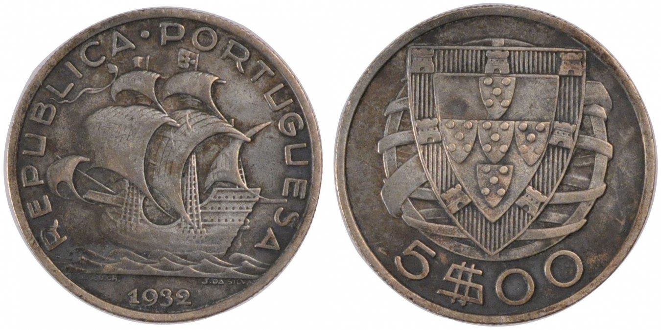 Portugal 5 Escudos 1932 Coin, Silver, KM:581 AU(50-53) | MA-Shops