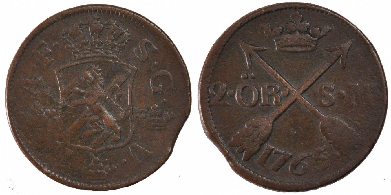 Sweden 2 Ore, S.M. 1765 Coin, Adolf Frederick, Copper, KM:461 EF(40-45 ...