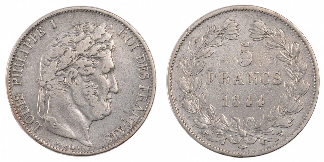 France 5 Francs 1844 W Coin, Louis-Philippe, Lille, Silver EF(40-45 ...