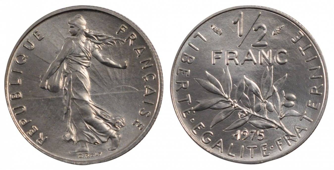 France 1/2 Franc 1975 Paris Coin, Semeuse, Paris, Nickel, Gadoury:429 MS(65-70) | MA-Shops