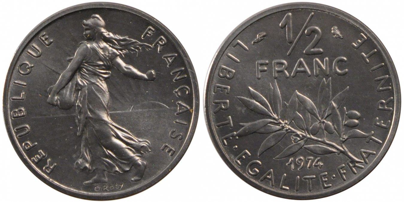 France 1/2 Franc 1974 Paris Coin, Semeuse, Paris, Nickel, Gadoury:429P MS(65-70) | MA-Shops