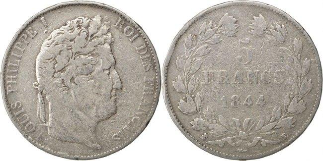 France 5 Francs 1844 K Coin, Louis-Philippe, Bordeaux, Silver F(12-15 ...