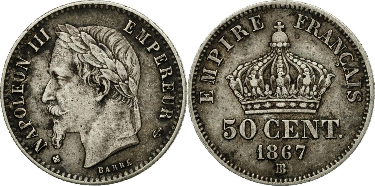France 50 Centimes 1867 BB Coin, Napoleon III, Napoléon III, Strasbourg ...