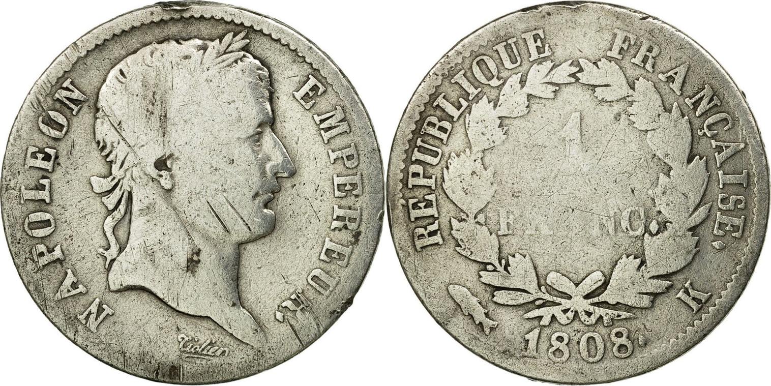 France Franc 1808 K Coin, Napoléon I, Bordeaux, Silver, KM:682.7 F(12 ...