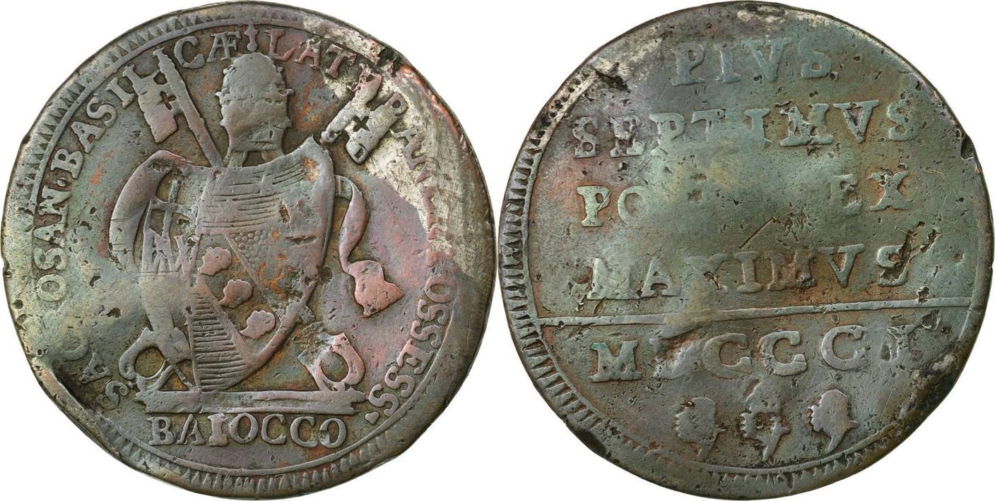 ITALIAN STATES Baiocco 1801 R Coin, PAPAL STATES, Pius VII, Roma F(12 ...