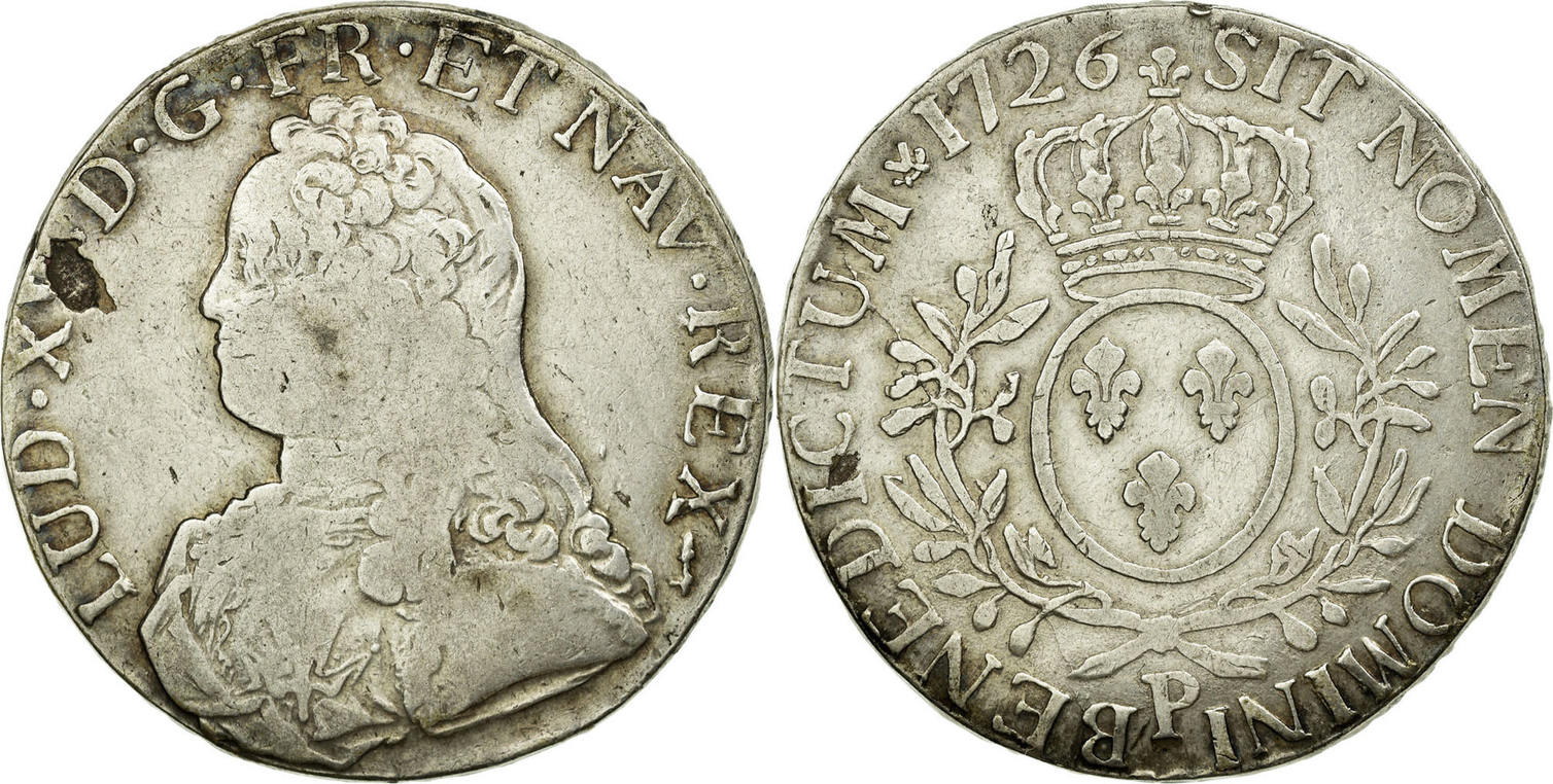 France Ecu 1726 P Coin, Louis XV, Écu aux branches d'olivier, Dijon VF ...