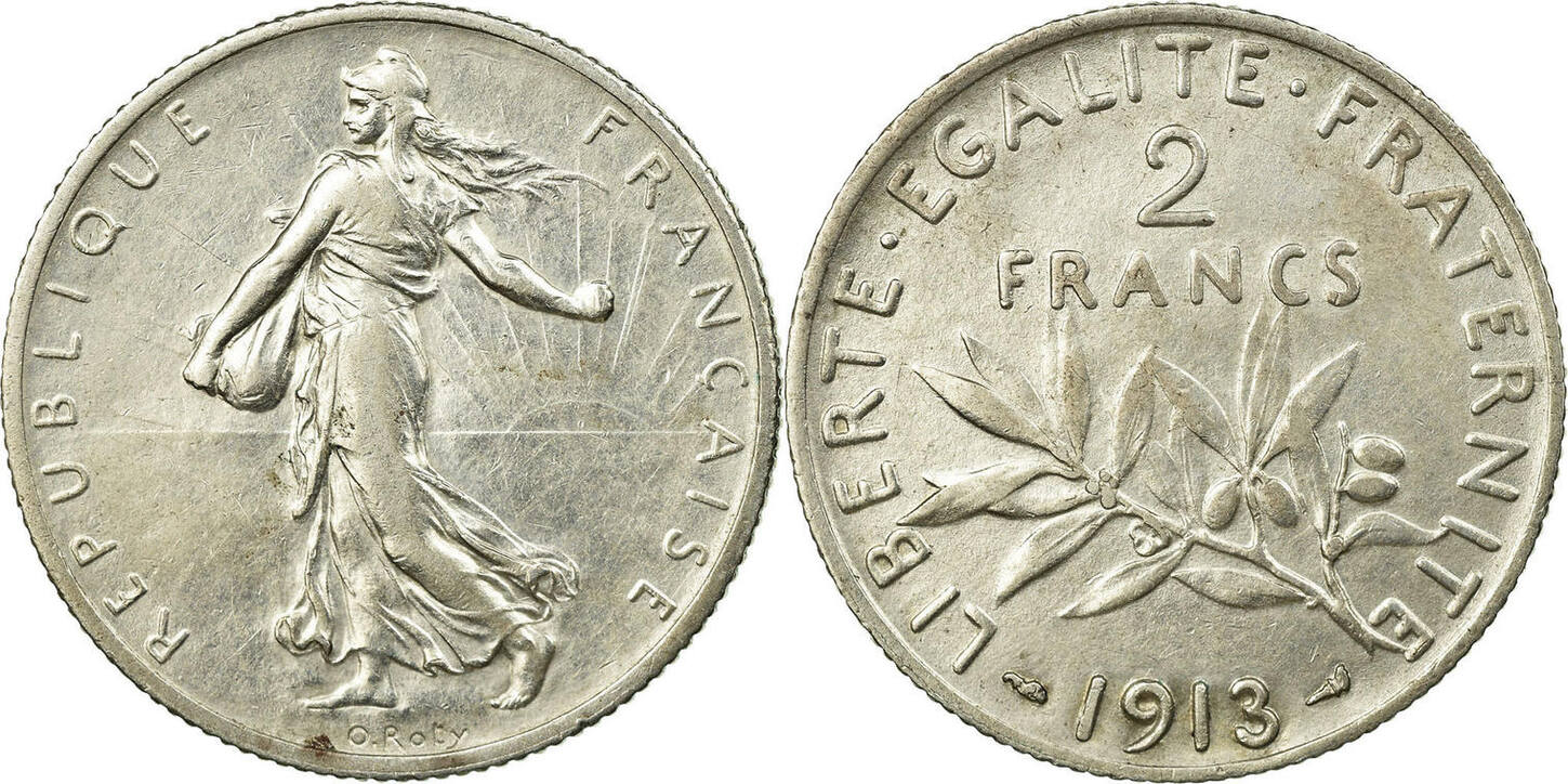France 2 Francs 1913 Paris Coin, Semeuse, Paris, Silver, KM:845.1 AU(55-58) | MA-Shops