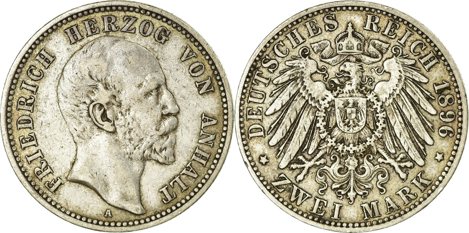 German States 2 Mark 1896 A Coin, ANHALT-DESSAU, Friedrich I, Berlin EF ...
