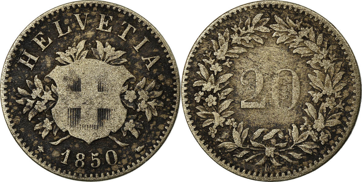 Switzerland 20 Rappen 1850 BB Coin, Bern, Billon, KM:7 VF(20-25) | MA-Shops