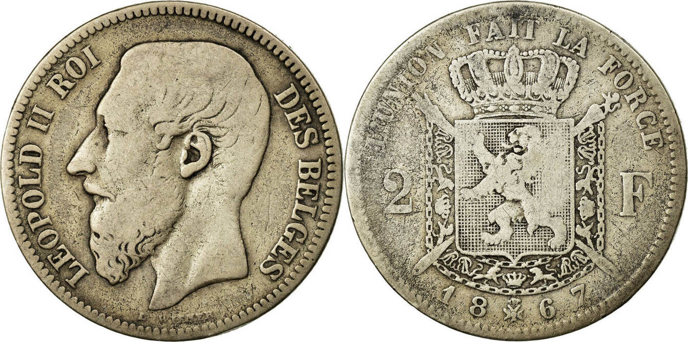 Belgium 2 Francs, 2 Frank 1867 Coin, Leopold II, Silver, KM:30.2 F(12 ...