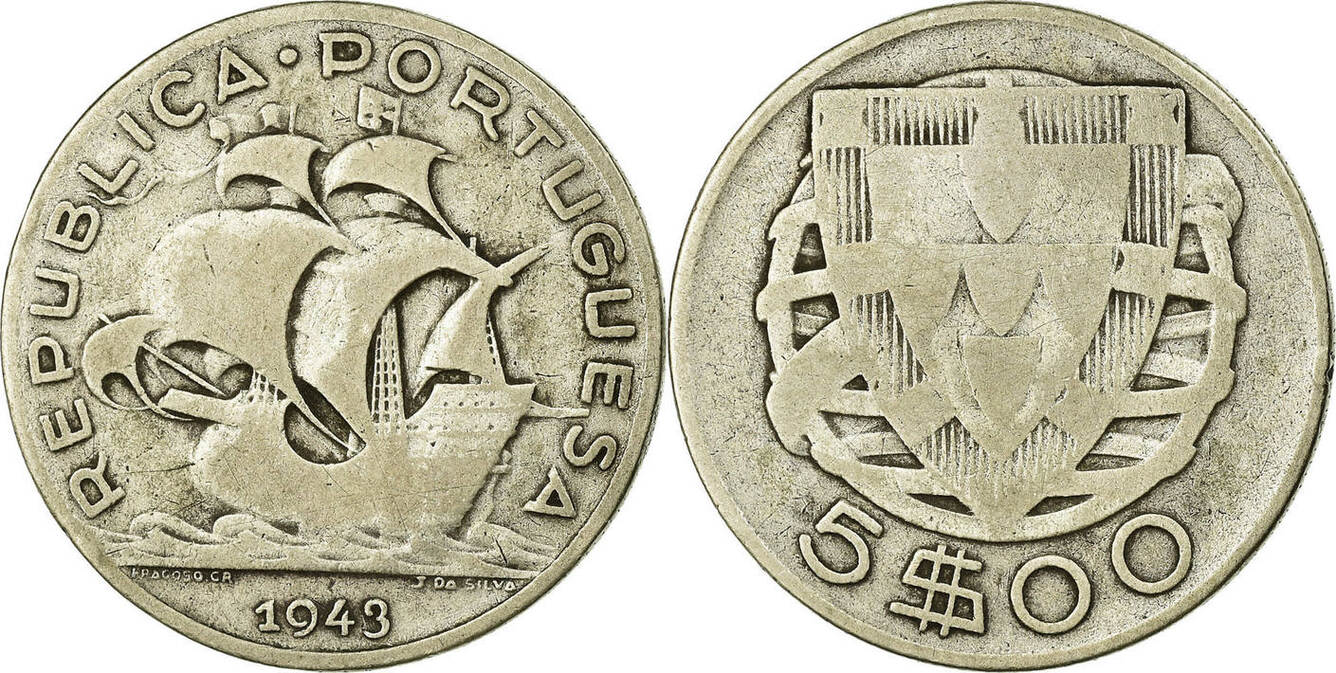 Portugal 5 Escudos 1943 Coin, Silver, KM:581 VF(20-25) | MA-Shops