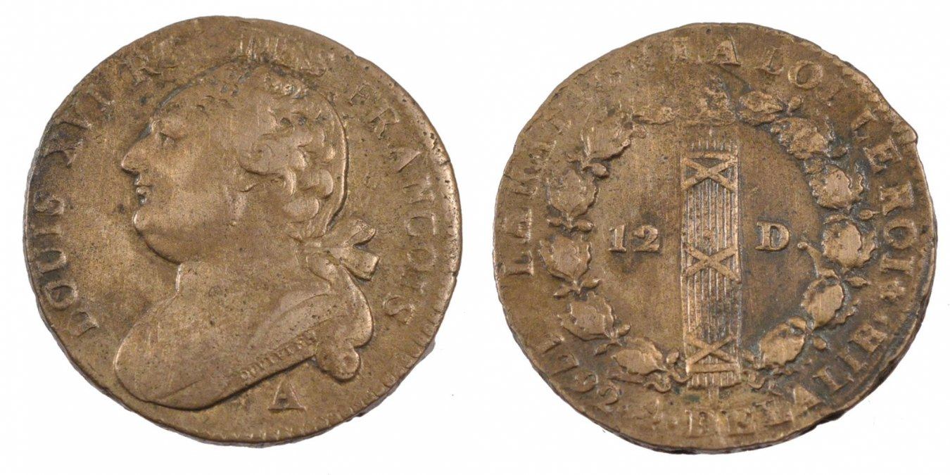 France 1791 A Coin, 12 deniers françois, Paris, Bronze EF(40-45) | MA-Shops