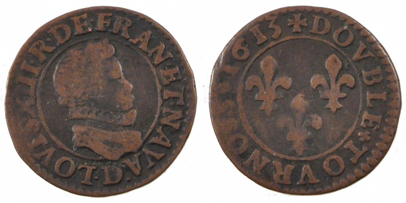 France 1613 D Coin, Louis XIII, Double tournois, buste enfantin au col ...