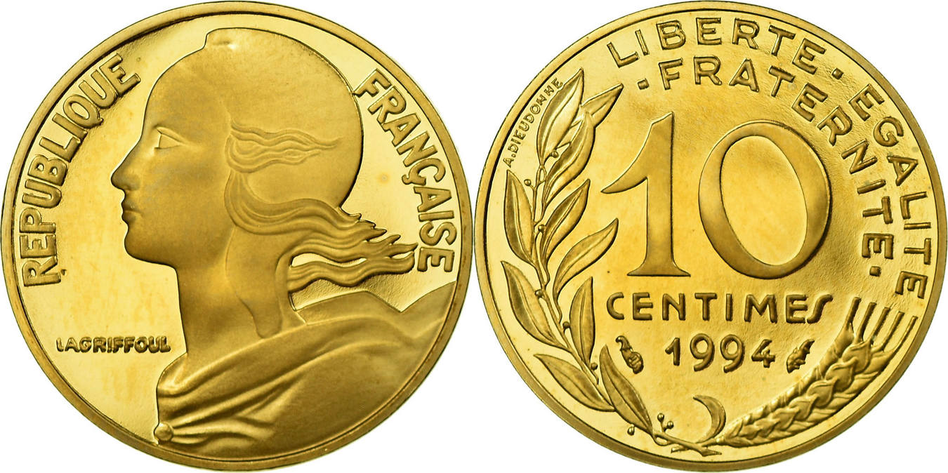 France 10 Centimes 1994 Paris Coin, Marianne, Paris, Proof MS(65-70 ...