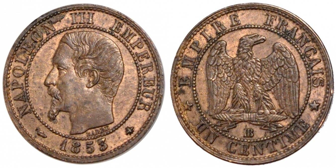 France Centime 1853 BB Coin, Napoleon III, Napoléon III, Strasbourg MS ...
