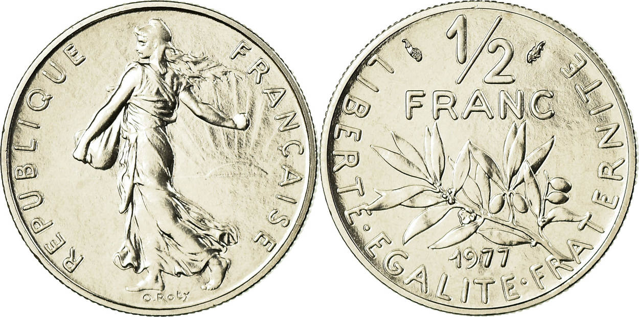 France 1/2 Franc 1977 Paris Coin, Semeuse, Paris, Nickel, KM:931.1 MS(65-70) | MA-Shops