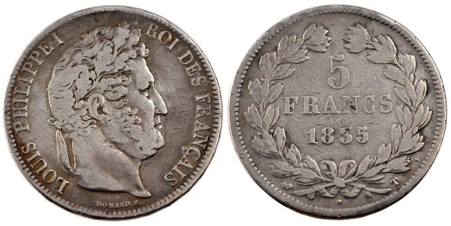 France 5 Francs 1835 T Coin, Louis-Philippe, Nantes, Silver VF(30-35 ...