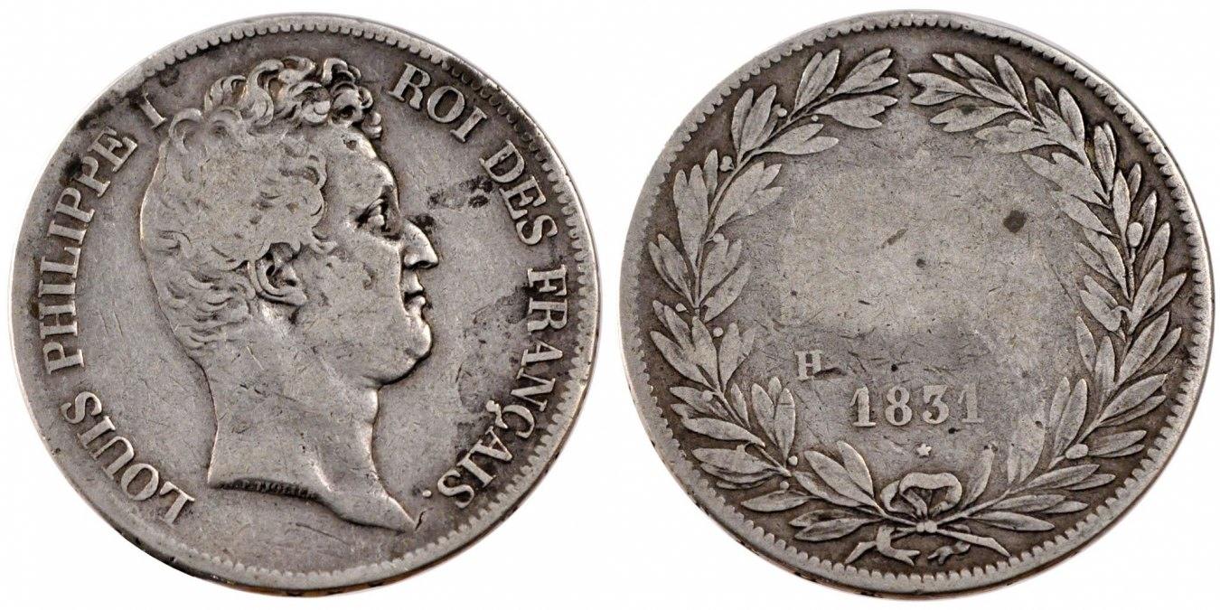 France 5 Francs 1831 H Coin, Louis-Philippe, La Rochelle, Silver VF(20 ...