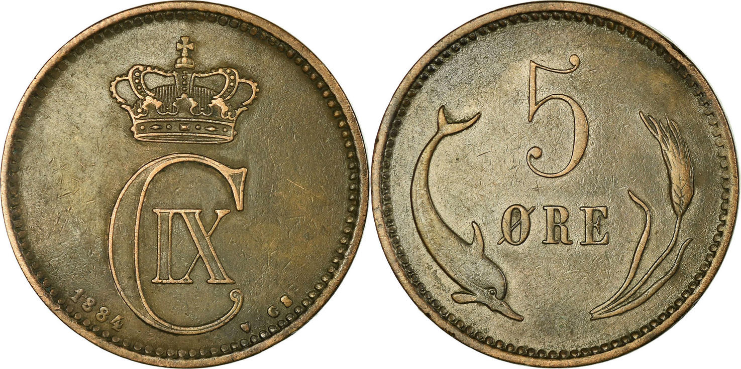 Denmark 5 Öre 1884 (h) Coin, Christian IX, Bronze, KM:794.1 EF(40-45 ...