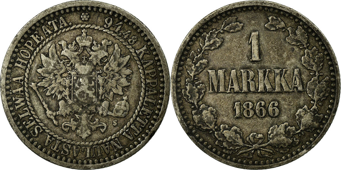 Finland Markka 1866 Coin, Alexander II, Silver, KM:3.1 EF(40-45) | MA-Shops