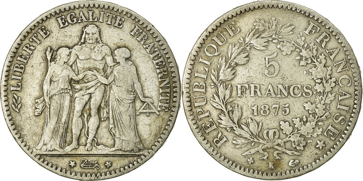 France 5 Francs 1875 K Coin, Hercule, Bordeaux, Silver, KM:820.2 VF(20 ...